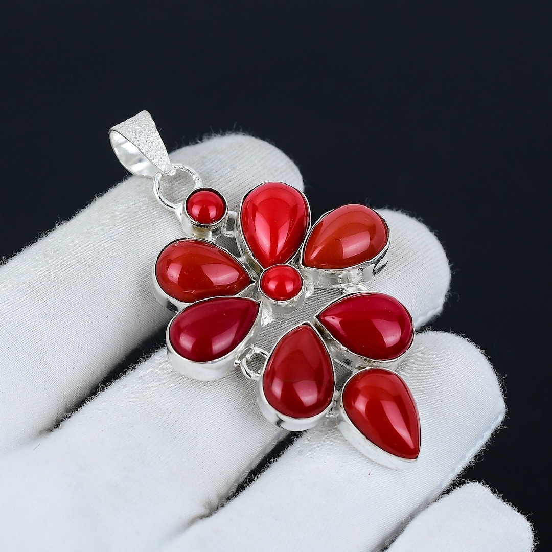 Red Coral Gemstone Pendant, Boho Jewelry, 925 Sterling Silver Pendant ...