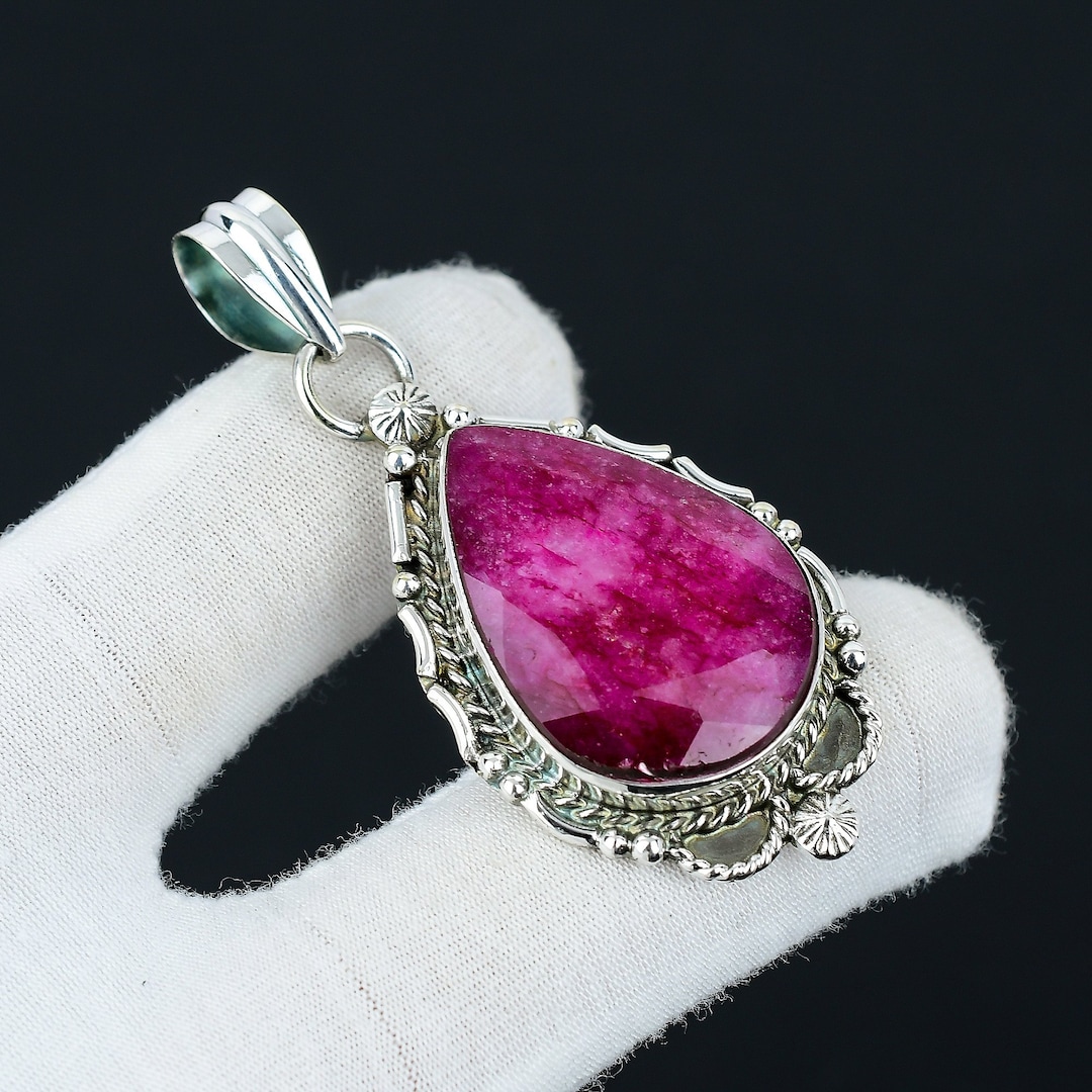 Kashmir Ruby Pendant, Ruby Lab Created Jewelry, Bohemian 925 Sterling Silver Jewelry, Handmade ...