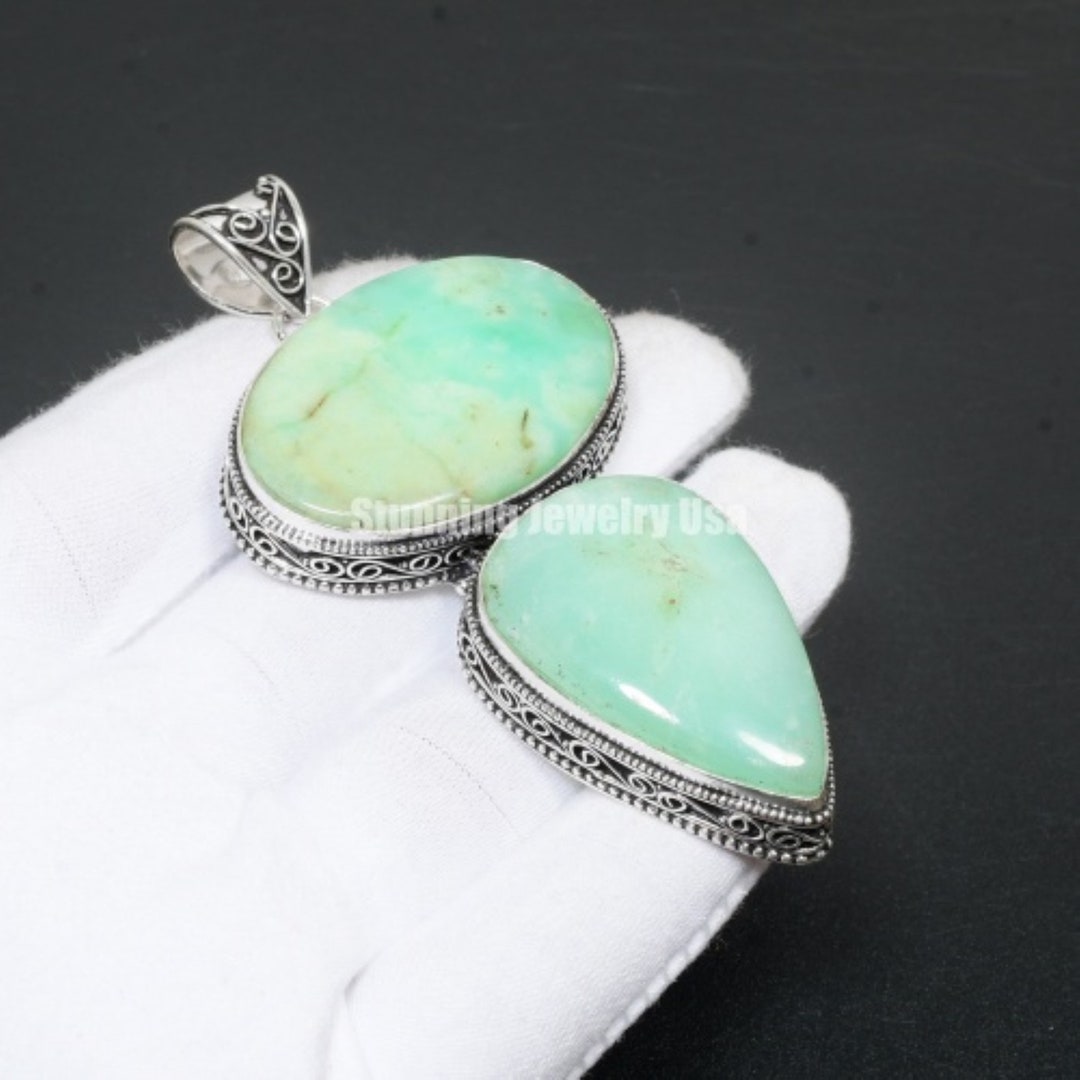 Chrysoprase Pendant With Silver Chain Necklace 925 Sterling Silver ...