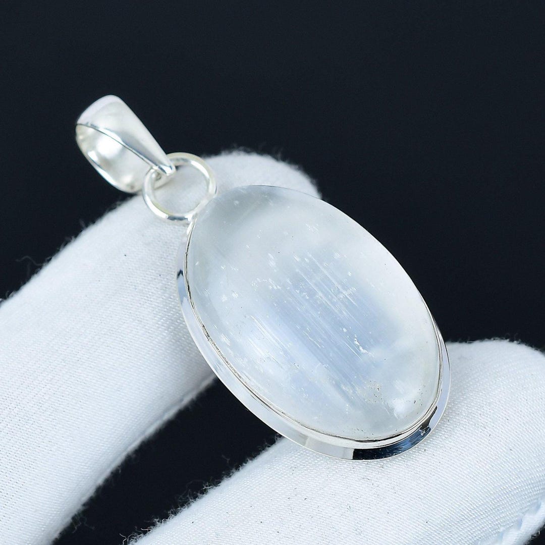 Simple Selenite Gemstone Pendant Solid 925 Sterling Silver Pendant ...