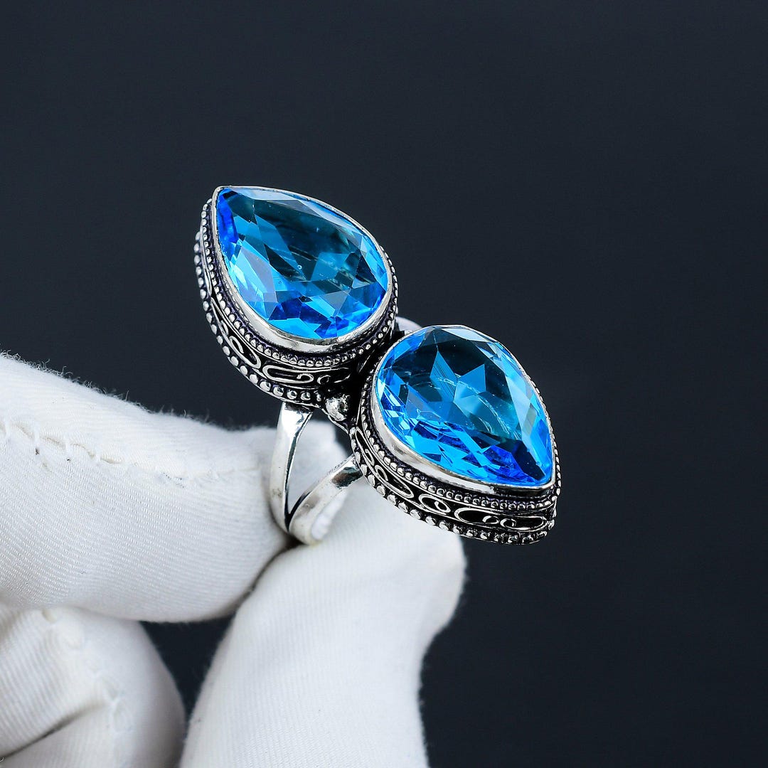 Swiss Blue Topaz Teardrop Double Stone Rings, 925 Sterling Silver Solid Rings, Boho Silver ...