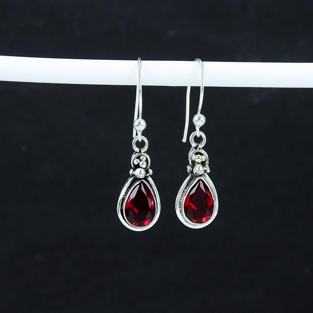 Red Garnet Earring, Garnet Birthstone Silver Earring, Teardrop Stone ...