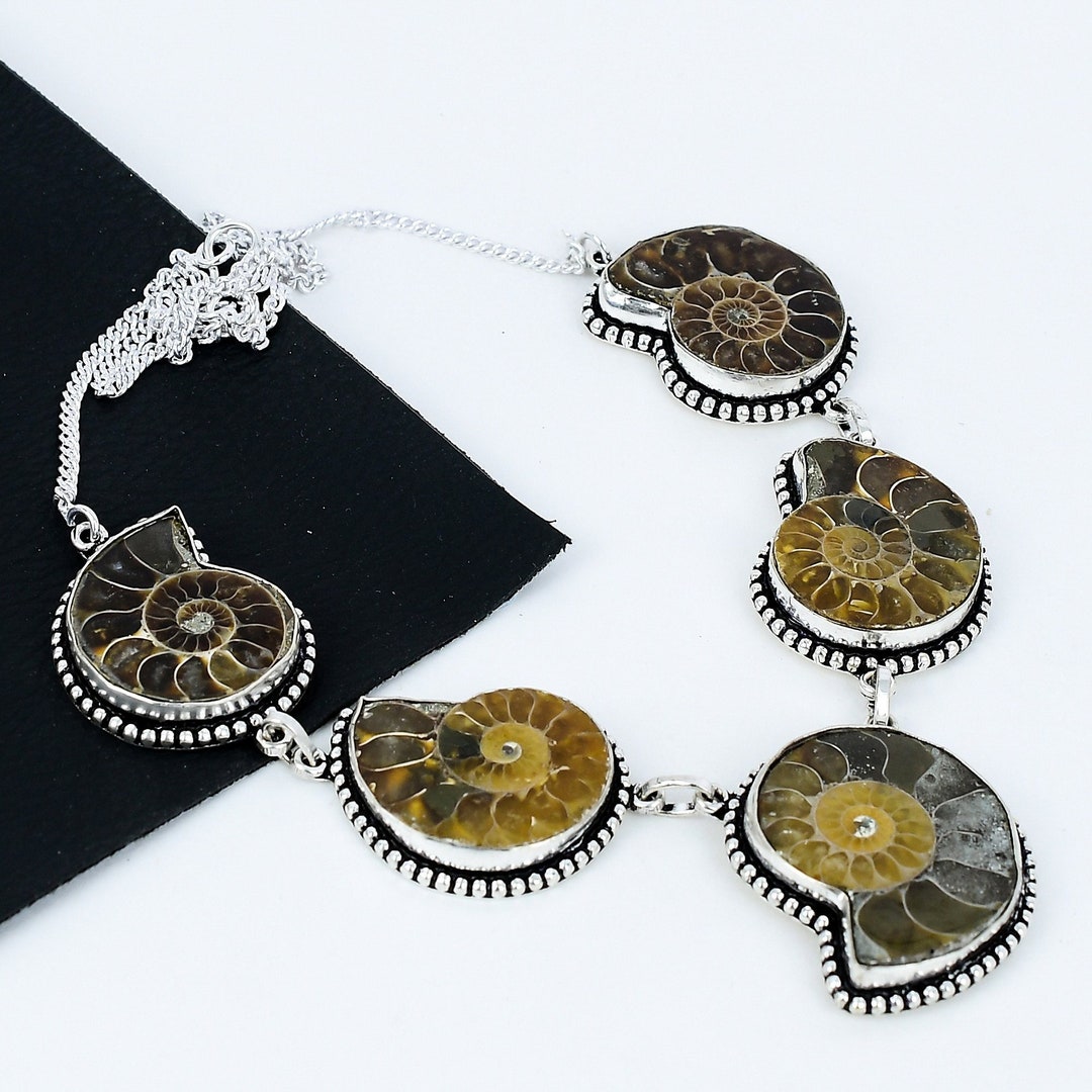 Natural Ammonite Gemstone Handmade 925 Sterling Silver Necklace, Silver ...