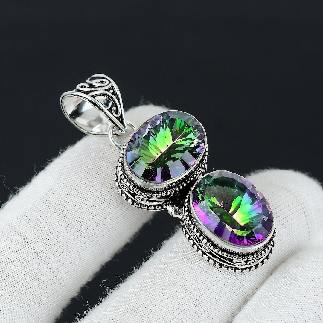 Mystic Rainbow Topaz Pendant, 925 Sterling Silver Pendant, Double ...