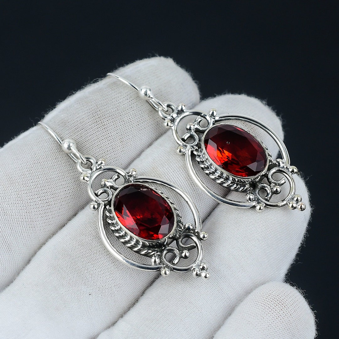Red Garnet Earring, Red Garnet Silver Earring, Red Garnet Stone Earring ...