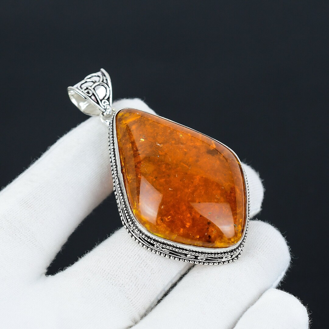Big Amber Gemstone Pendant Antique Amber Pendant 925 Sterling Silver ...