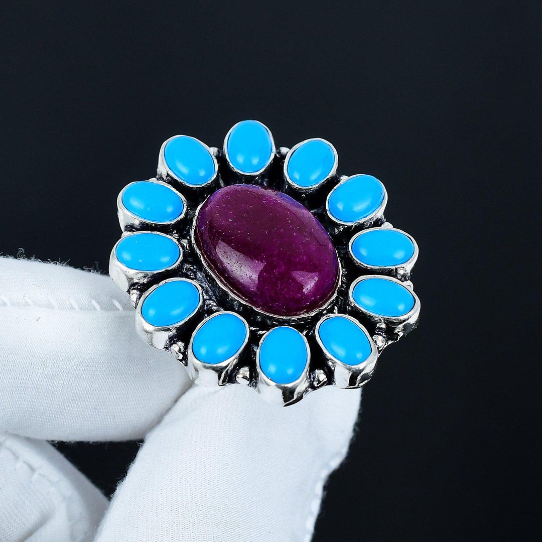 Kashmir Ruby & Sleeping Beauty Turquoise Gemstone Ring, Handmade 925 Sterling Silver Jewelry ...