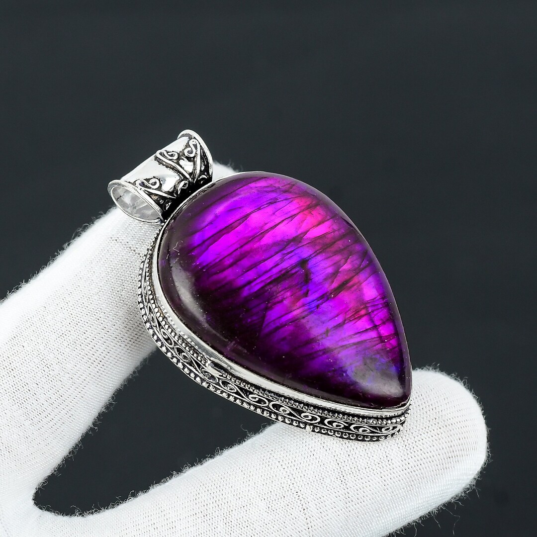 Pink Labradorite Pear Gemstone Antique Pendant, 925 Sterling Silver ...