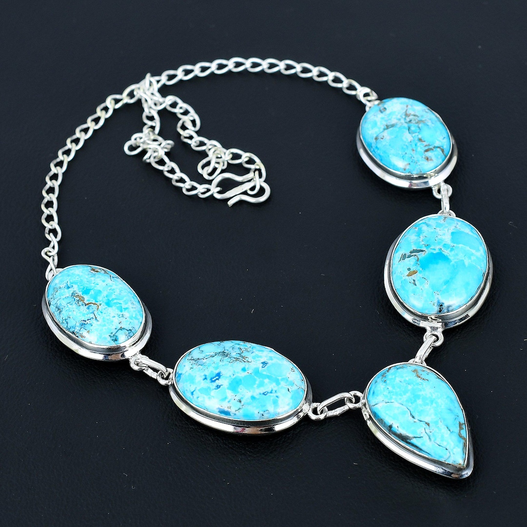 Natural Turquoise Real Gemstone Handmade 925 Sterling Silver Necklace ...
