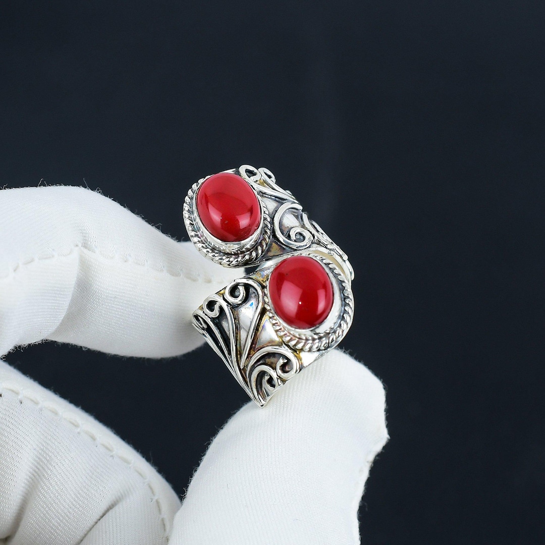 Red Coral Rings, 925 Sterling Silver Solid Rings, Boho Silver Rings ...