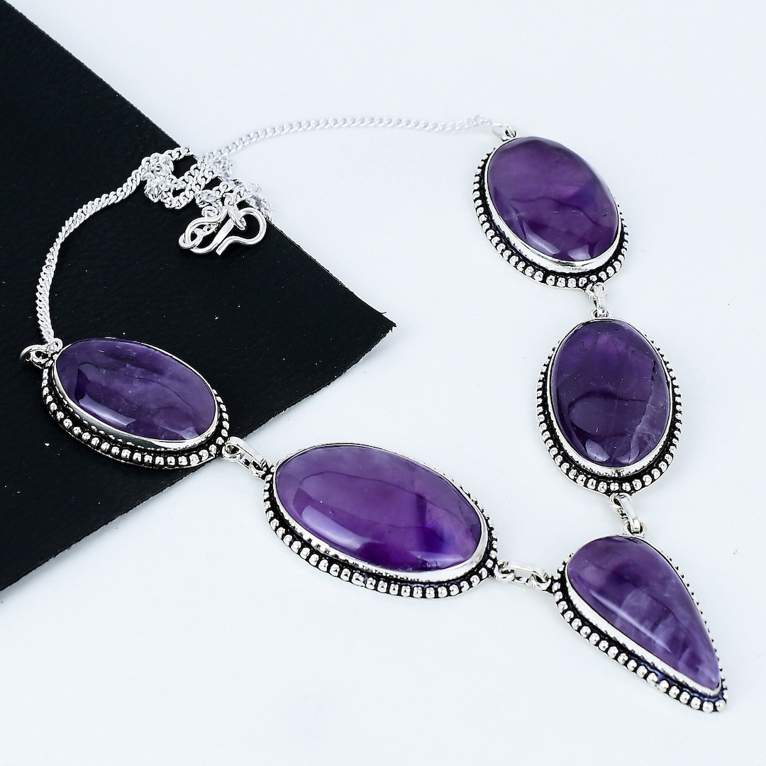 Genuine Amethyst Gemstone Handmade 925 Sterling Silver Necklace, Silver ...
