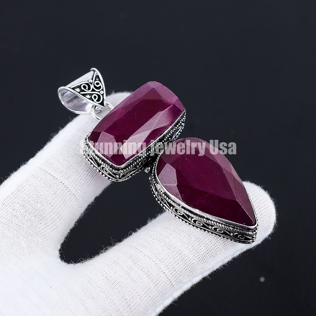 Kashmir Red Ruby Pendant Antique 925 Sterling Solid Silver Gemstone ...