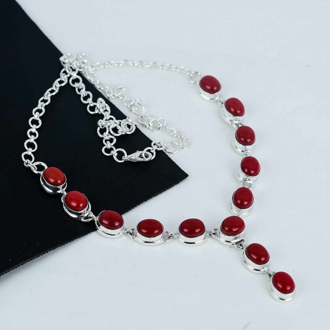 Red Coral Natural Gemstone Necklace, Red Coral Gemstone Handmade 925 ...