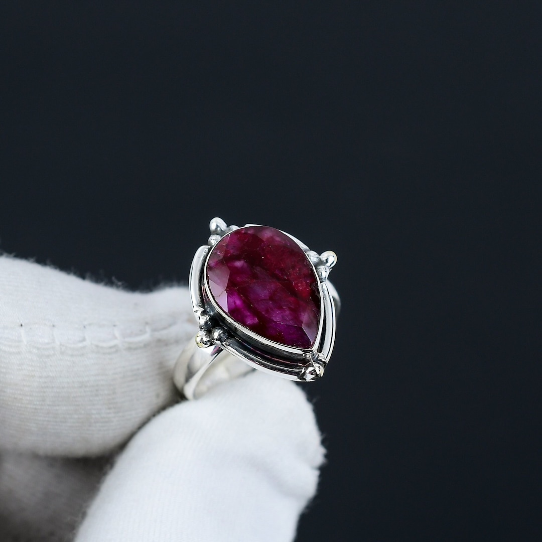 Kashmir Ruby Teardrop Rings, 925 Sterling Silver Solid Rings, Boho Silver Jewelry Rings, Kashmir ...