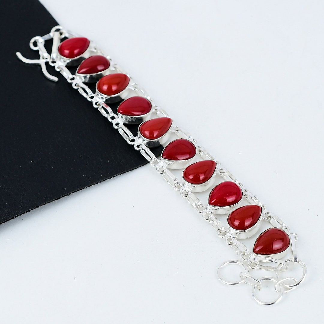 Red Coral Gemstone Bracelet Handmade 925 Sterling Silver Bracelet ...