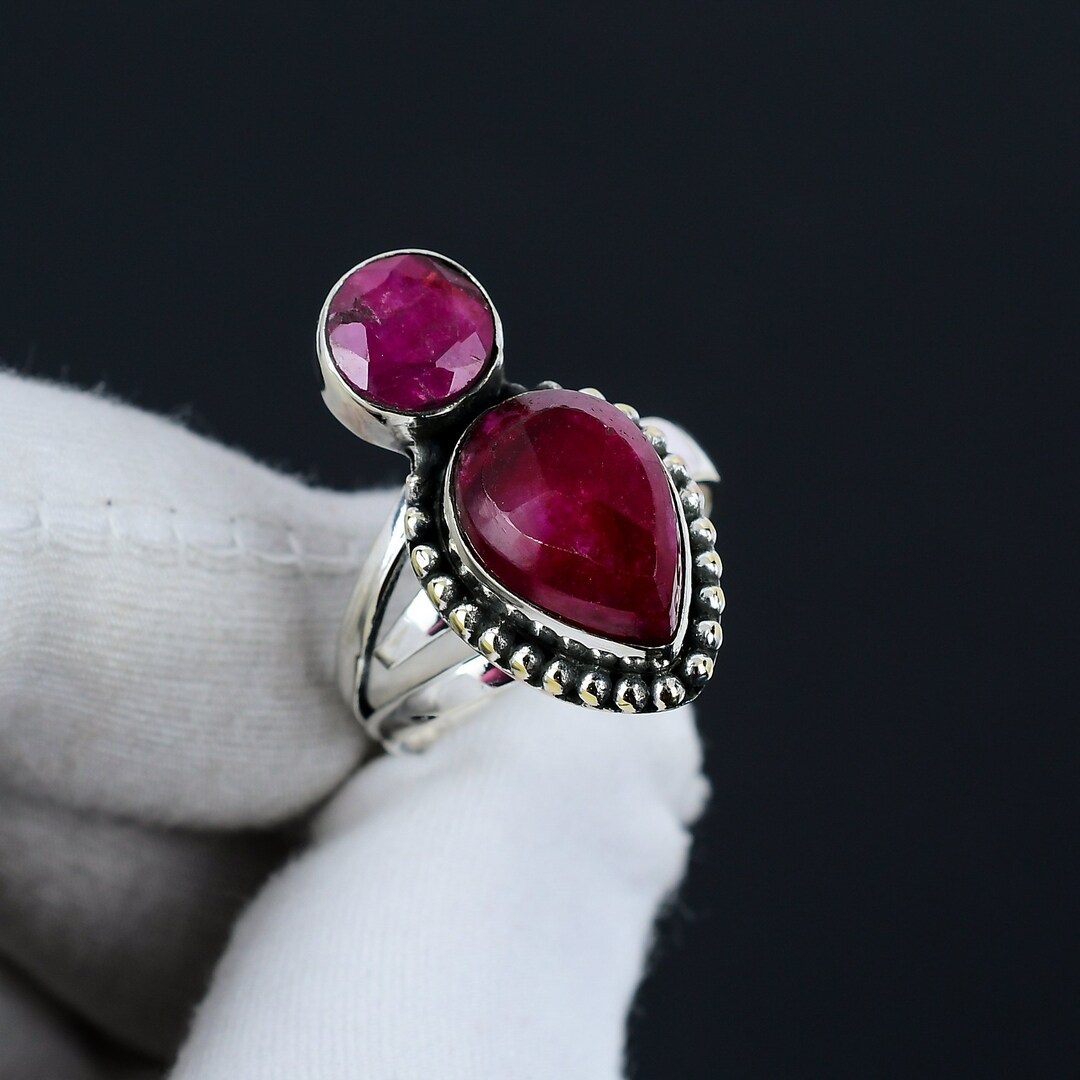 Kashmir Ruby Two Stone Ring, 925 Sterling Silver Ring for Women, Red ...