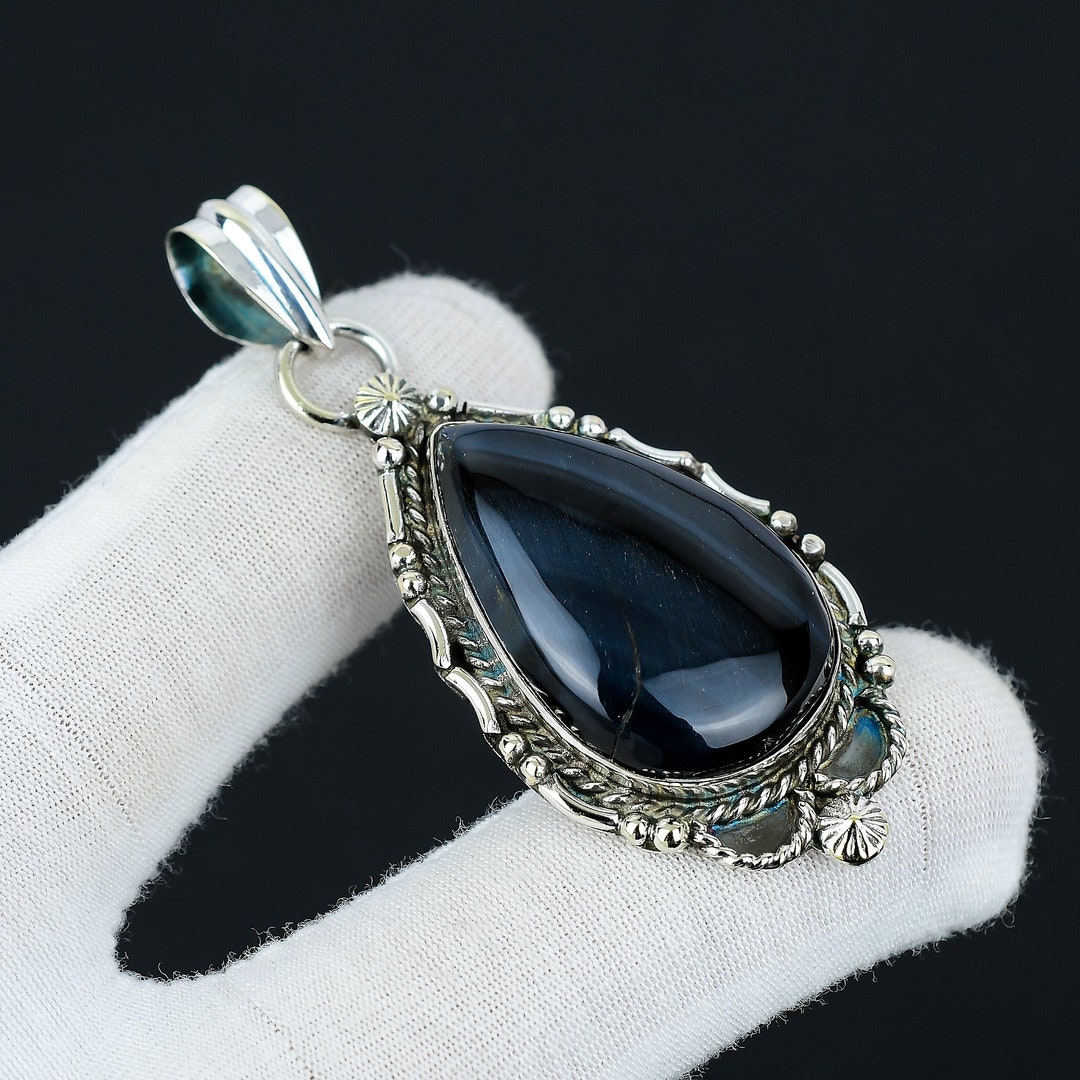 Blue Tiger Eye Pendant, Natural Blue Tiger Eye Jewelry, 925 Sterling ...