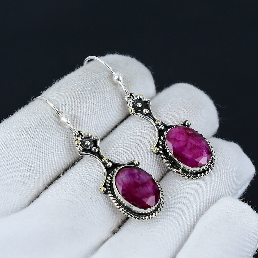 Kashmir Ruby Gemstone Earrings, 925 Solid Silver Earrings, Kashmir Ruby ...