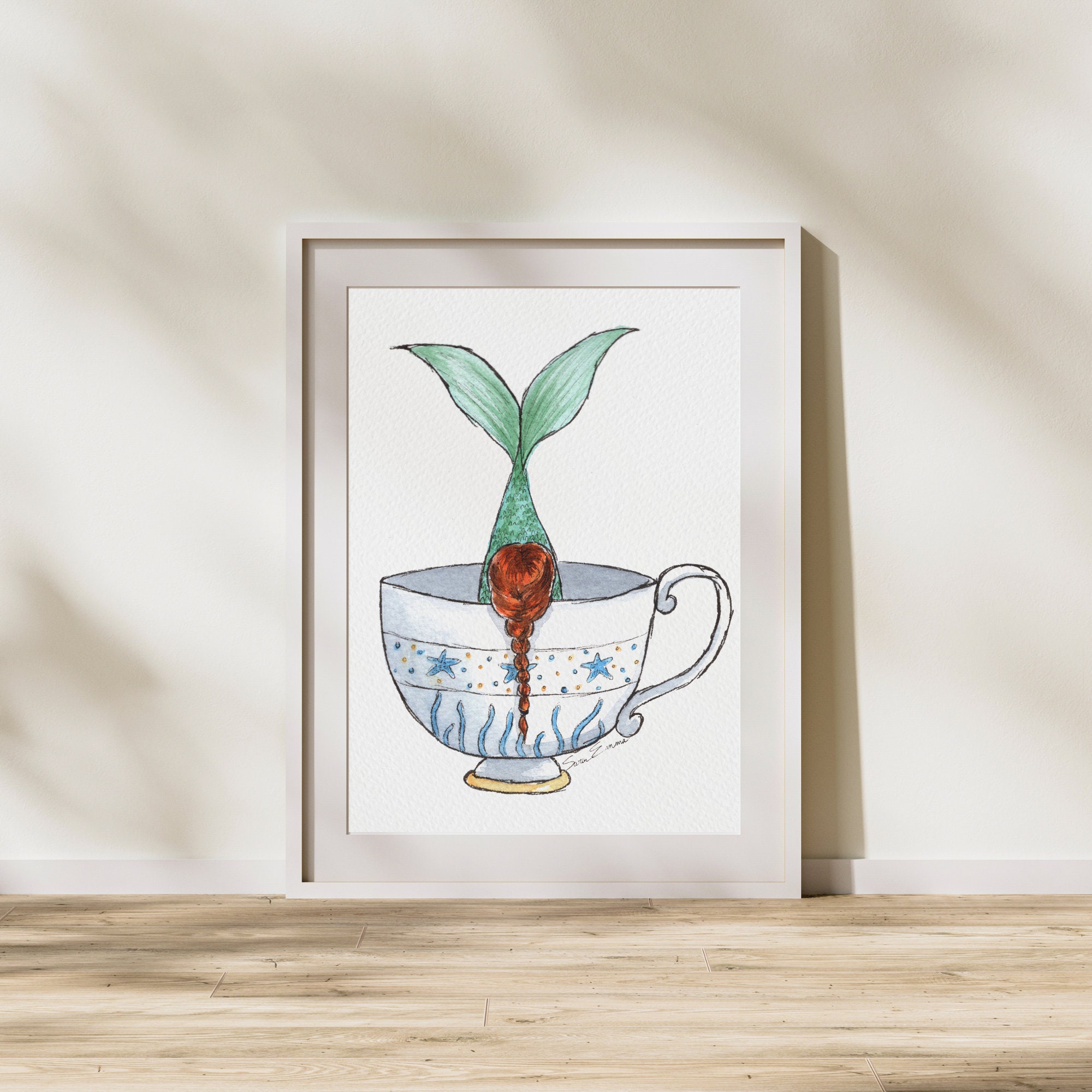 Watercolor Mermaid, Mermaid in Teacup , Mermaid, Teacup, Nautical Decor ...