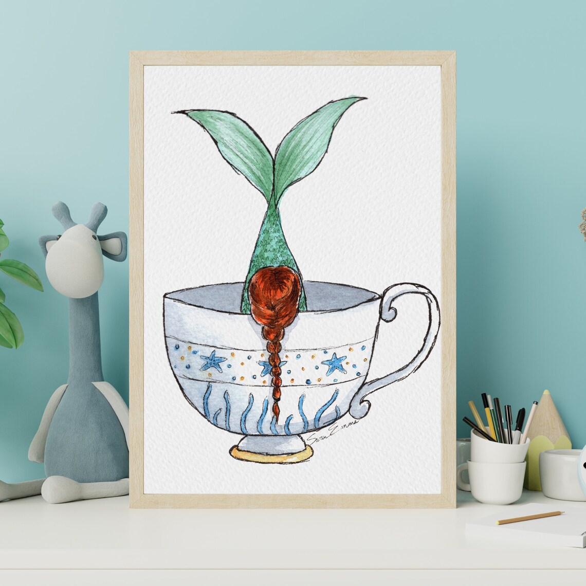 Watercolor Mermaid, Mermaid in Teacup , Mermaid, Teacup, Nautical Decor ...