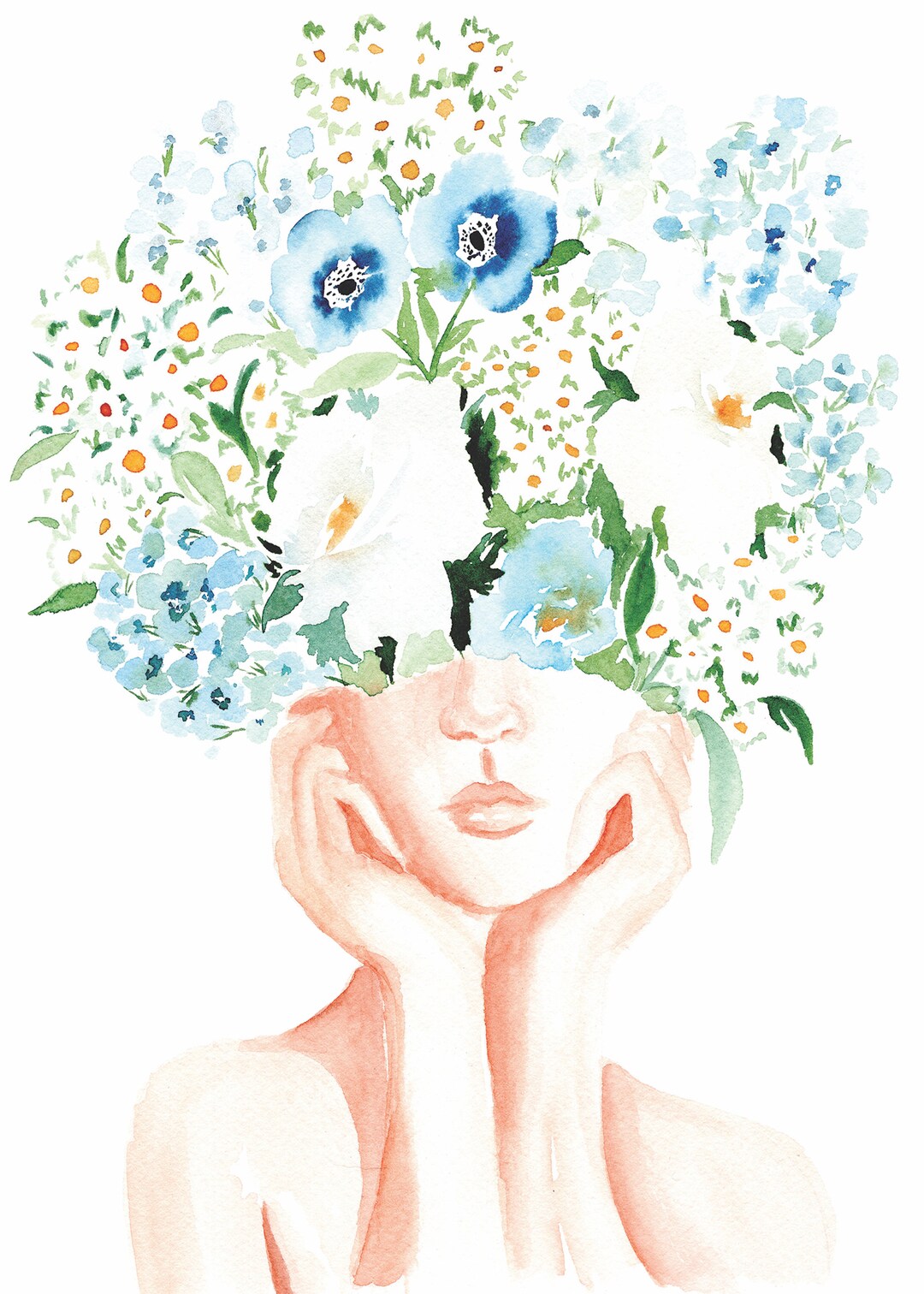 Watercolor Girl With Flowers Art Print Art Print - Etsy