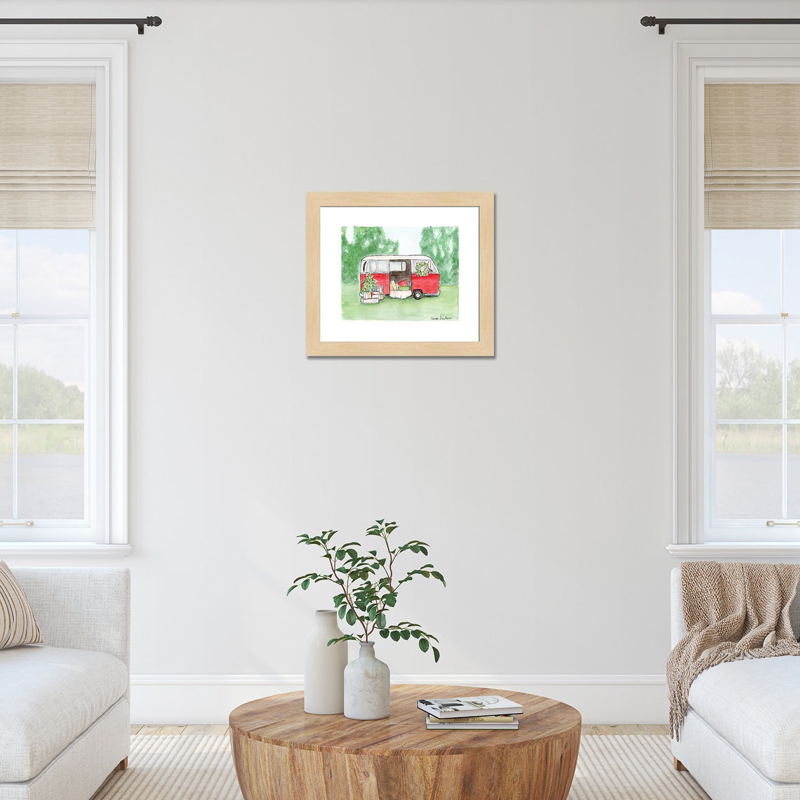 Vintage Red Volkswagen Bus With Small Christmas Tree and Wreath Art ...