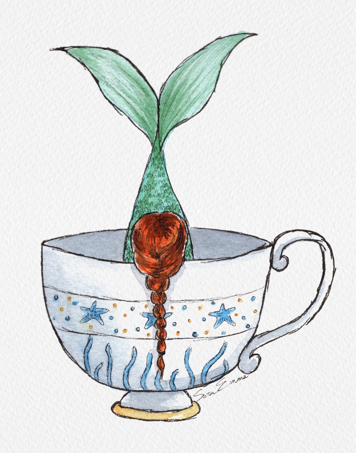 Watercolor Mermaid, Mermaid in Teacup , Mermaid, Teacup, Nautical Decor ...