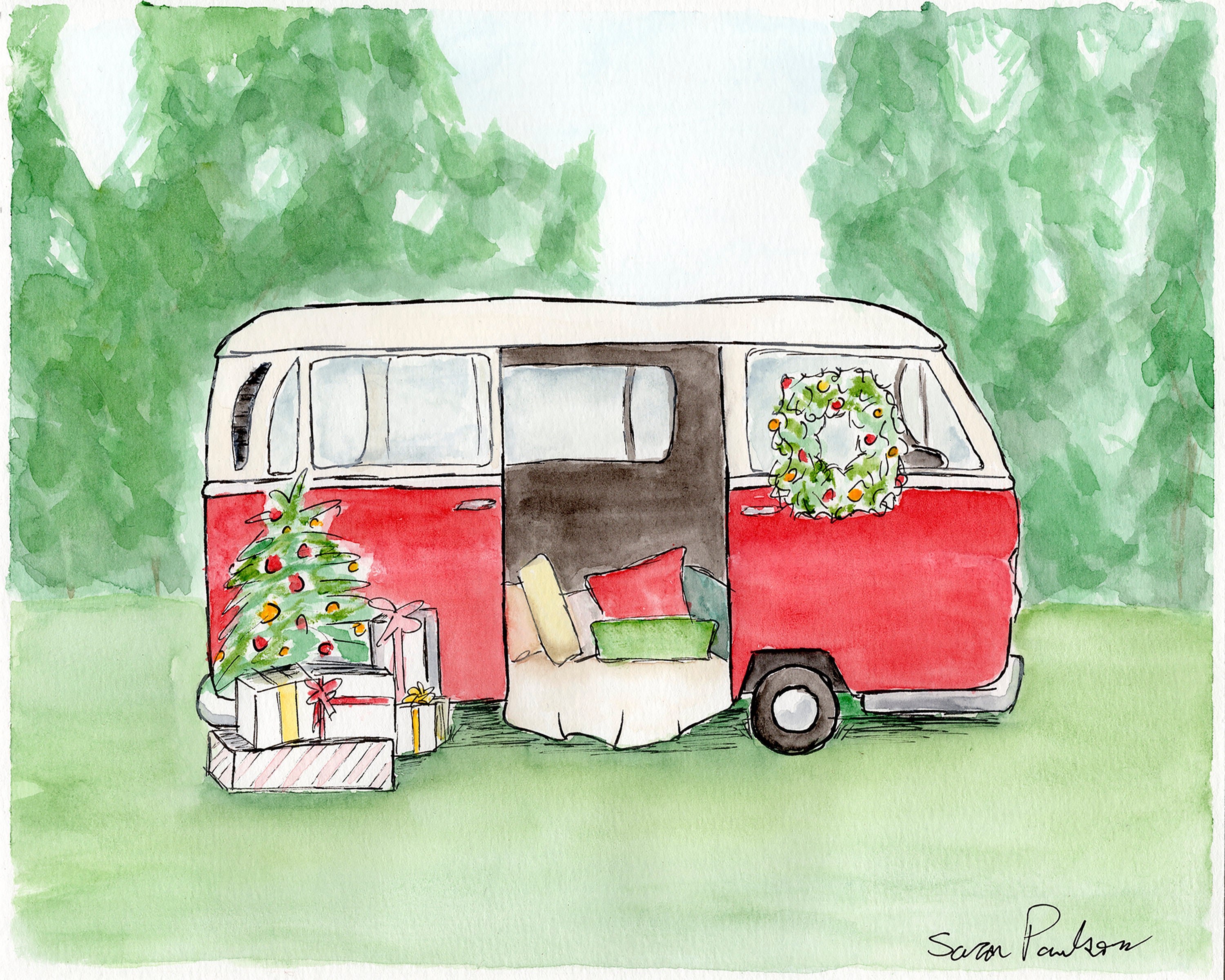 Vintage Red Volkswagen Bus With Small Christmas Tree and Wreath Art ...