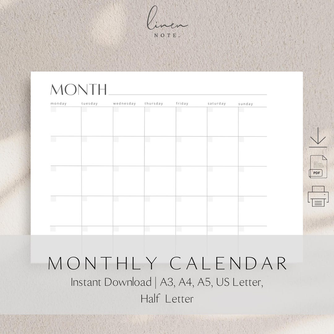 Minimalist Monthly Calendar - Printable - Etsy