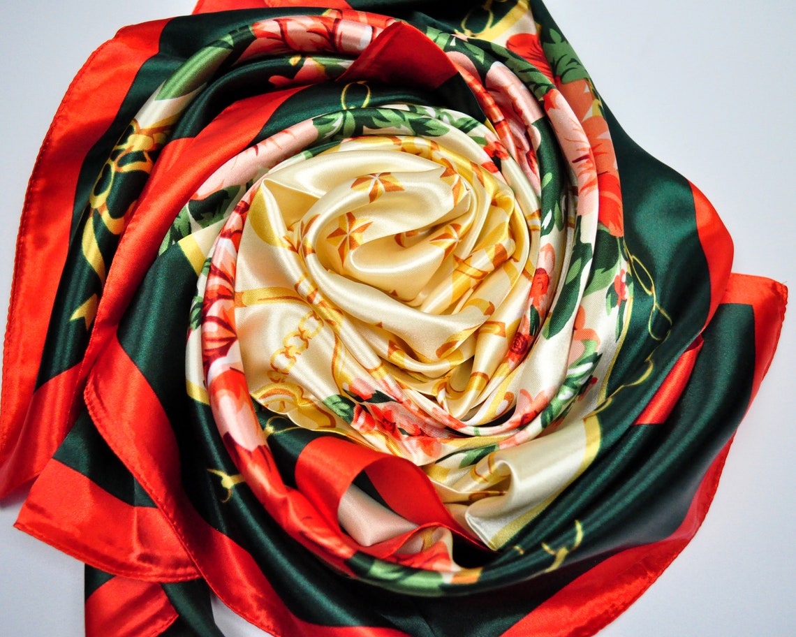 Green N Red Floral Silk Polyester Scarf Botanical Scarf | Etsy