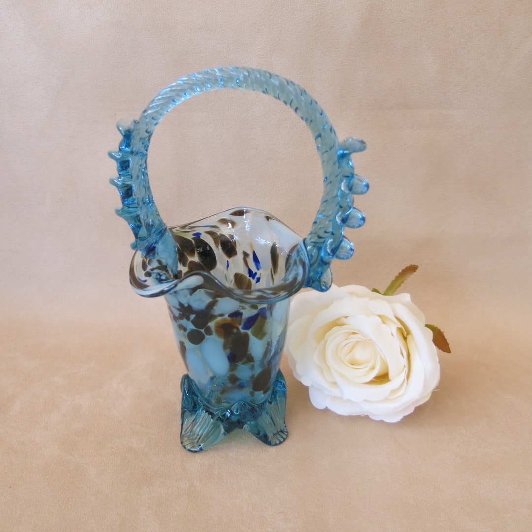 Vintage Decorative Glass Posy Basket - Blue Glass - 19 Cm Tall ...