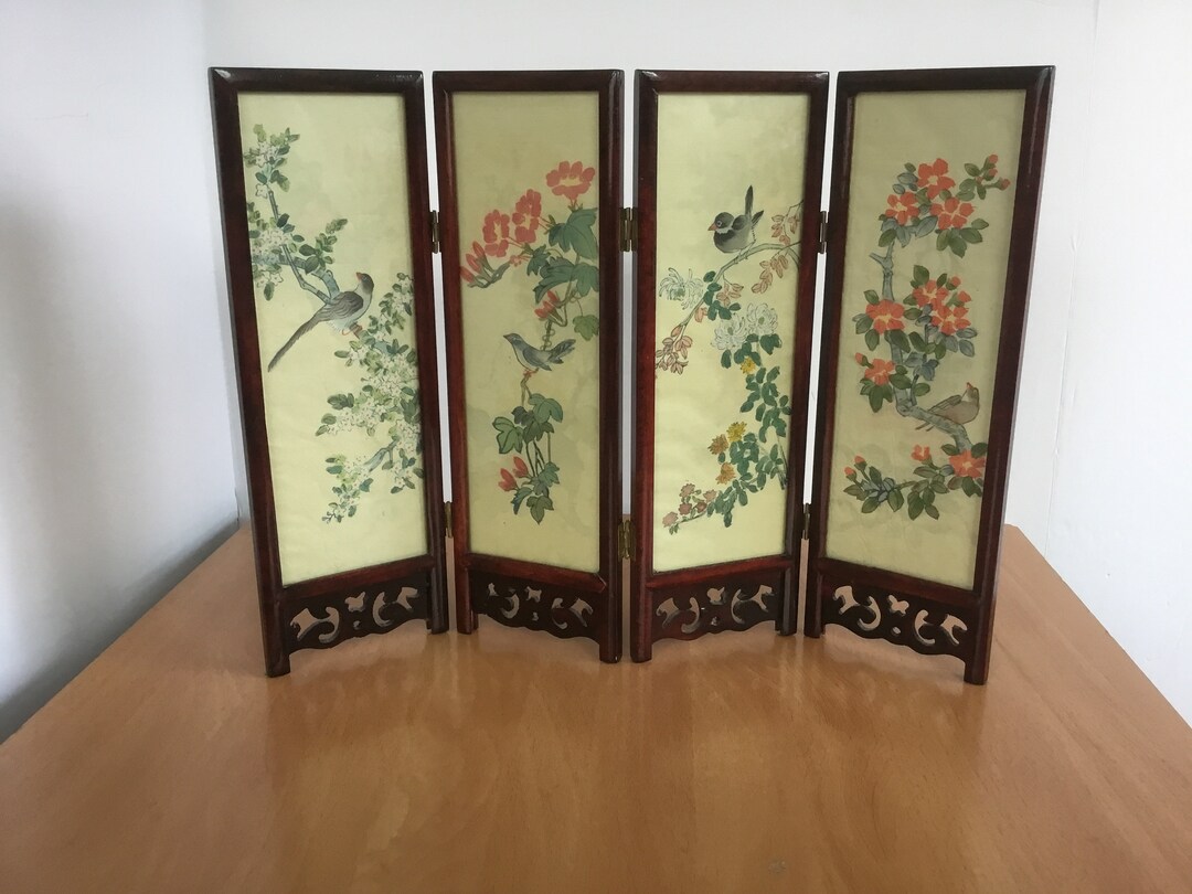 Vintage 4 Panel Folding Asian Tabletop Screen - Etsy