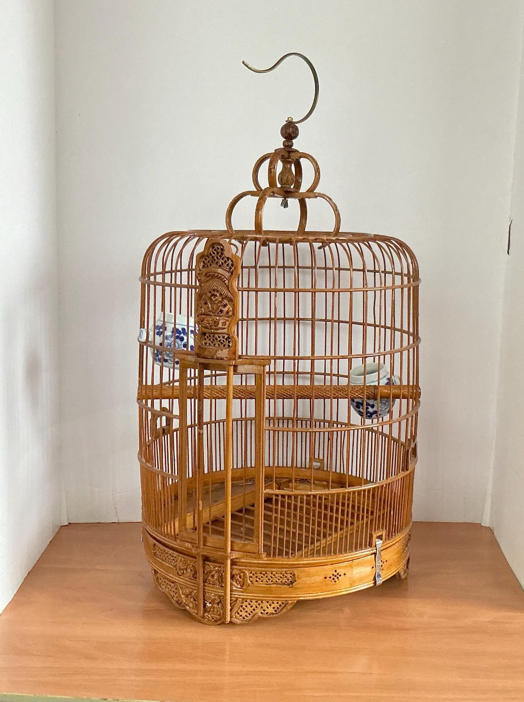 Vintage Bamboo Birdcage Ornate Hand Carved With Porcelain Feeders and ...