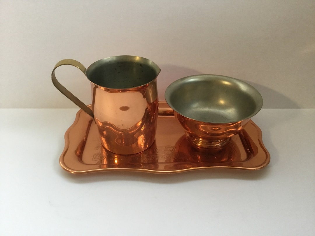 Vintage Coppercraft Guild Embossed Serving Tray Sugar and Creamer Set ...