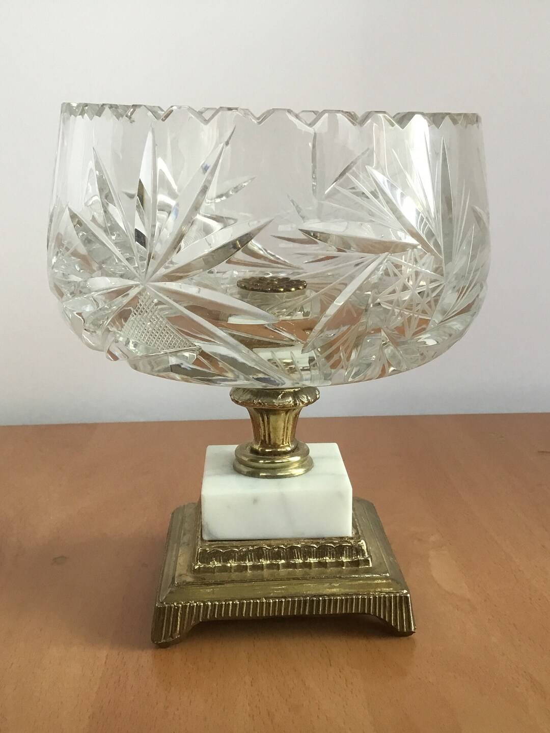 Vintage Cut Glass Compote Candy Dish Marble and Brass Footed Pedestal ...