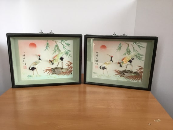 Vintage Framed Chinese Shell Art Birds Scenery - Etsy