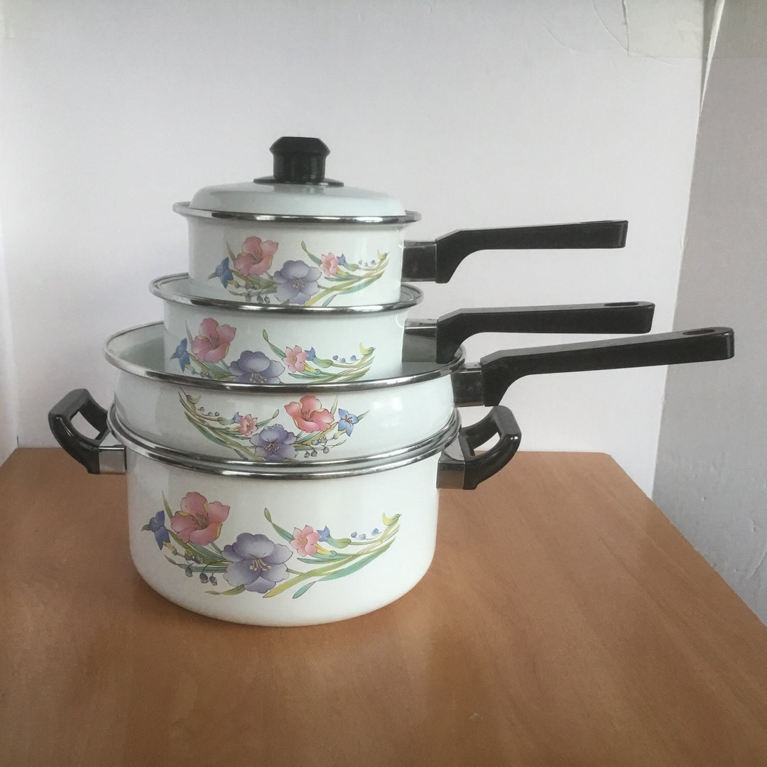 Vintage Enamel Floral Cookware Set - Etsy