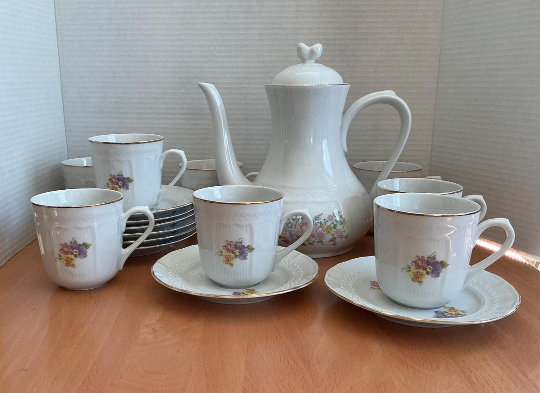 Vintage Teapot and 8 Tea Cups and Saucers Set JRJS Cluj Romania - Etsy