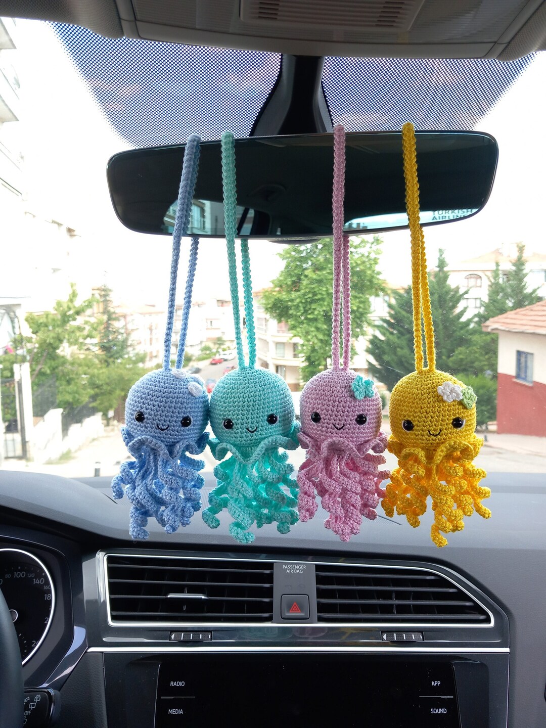Crochet Jellyfish Car Charm: Handmade Cotton Rear View Mirror Hanger - Etsy