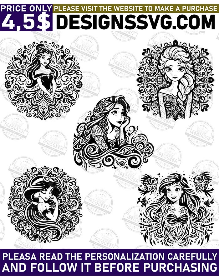 10 Cartoon Princess Svg Bundle, Princess Cartoon Svg, Intricate Weeding ...