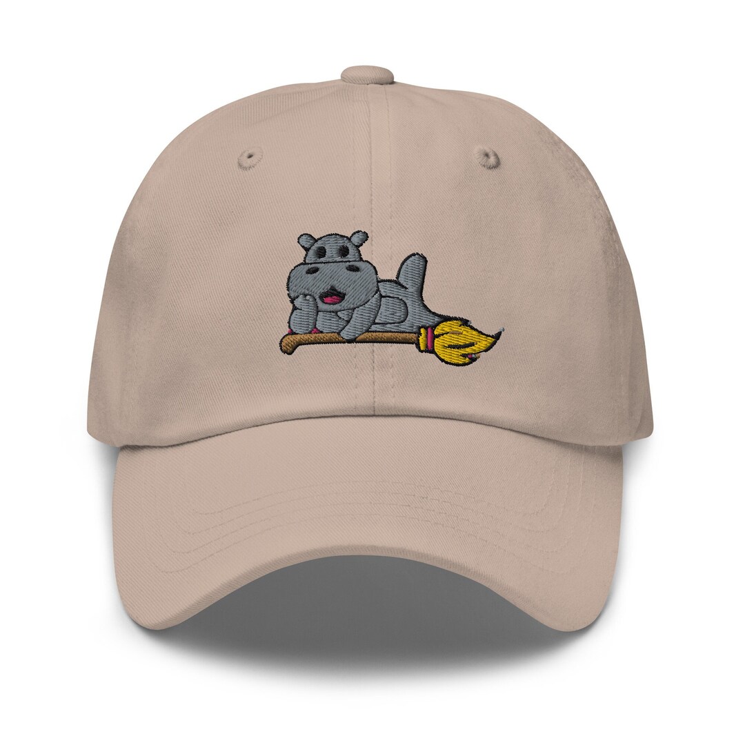 Cute Hippopotamus Lying on Magic Broom Cap, Embroidered Cotton ...