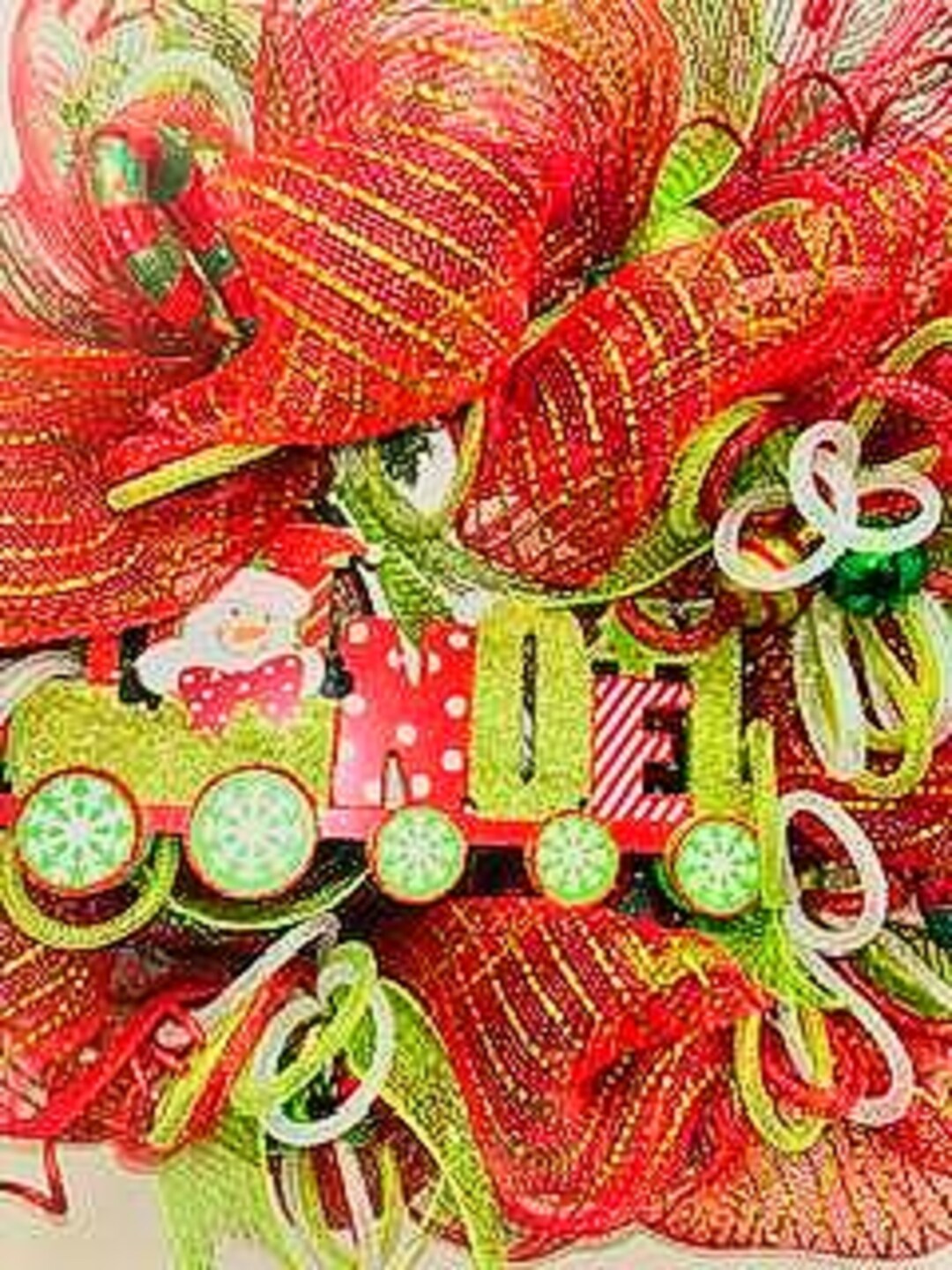 Noel Train Mesh Wreath- Round, Full, Colorful, Fun- Red, Green, White ...