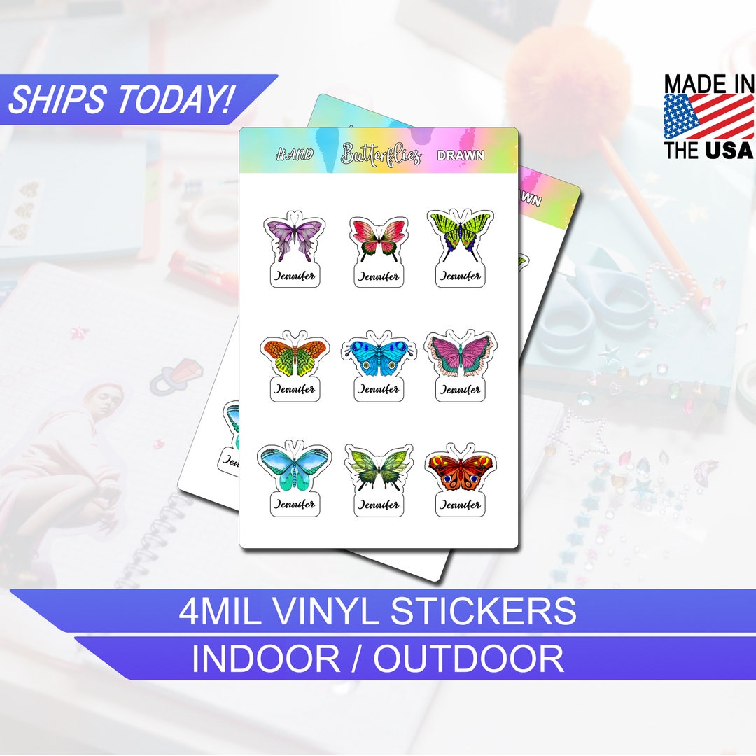 Hand Drawn Butterflies Name Stickers, Vinyl Sticker Sheet, 4 Mil ...
