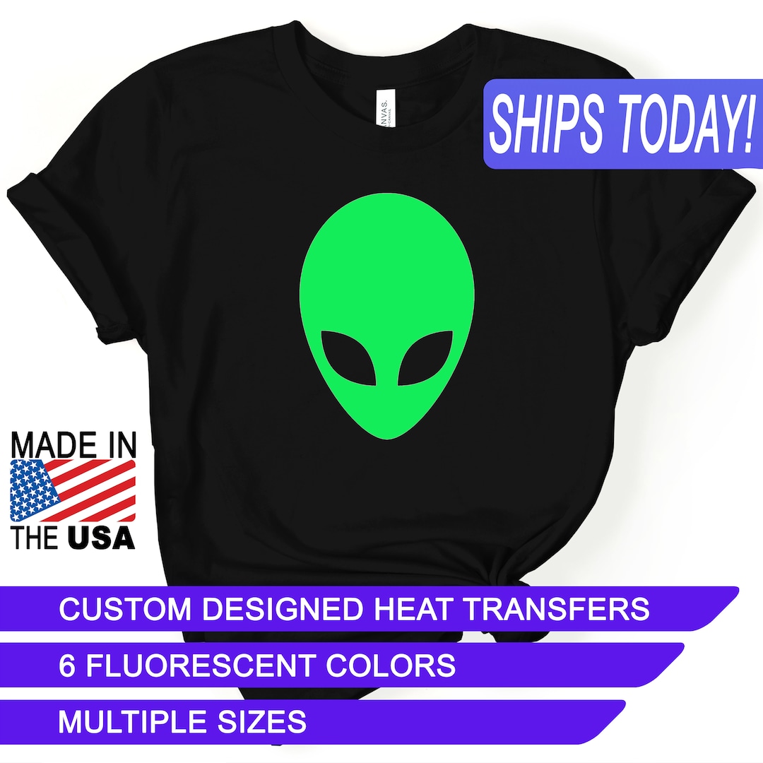 Fluorescent Alien Head, Heat Transfers, Custom Designed Iron Ons, CPSIA ...