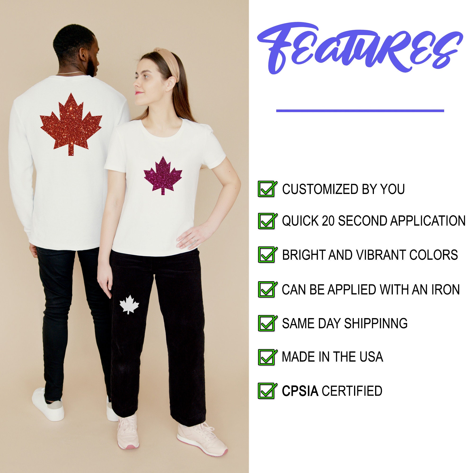 Glitter Maple Leaf, Heat Transfers, Custom Designed Iron On, CPSIA ...