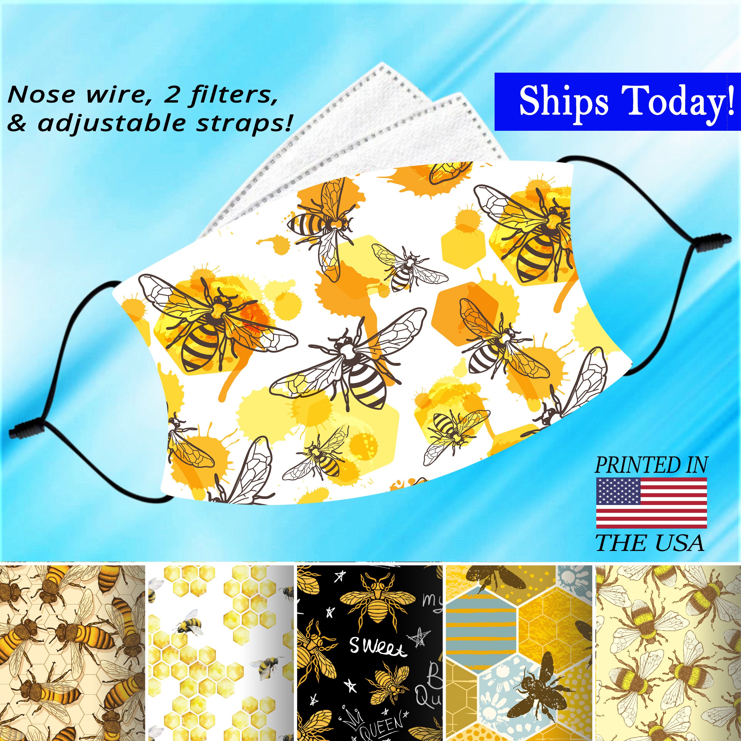 Honey Bee Face Mask, Washable, Adjustable, Reusable, Nose Wire, Filter ...