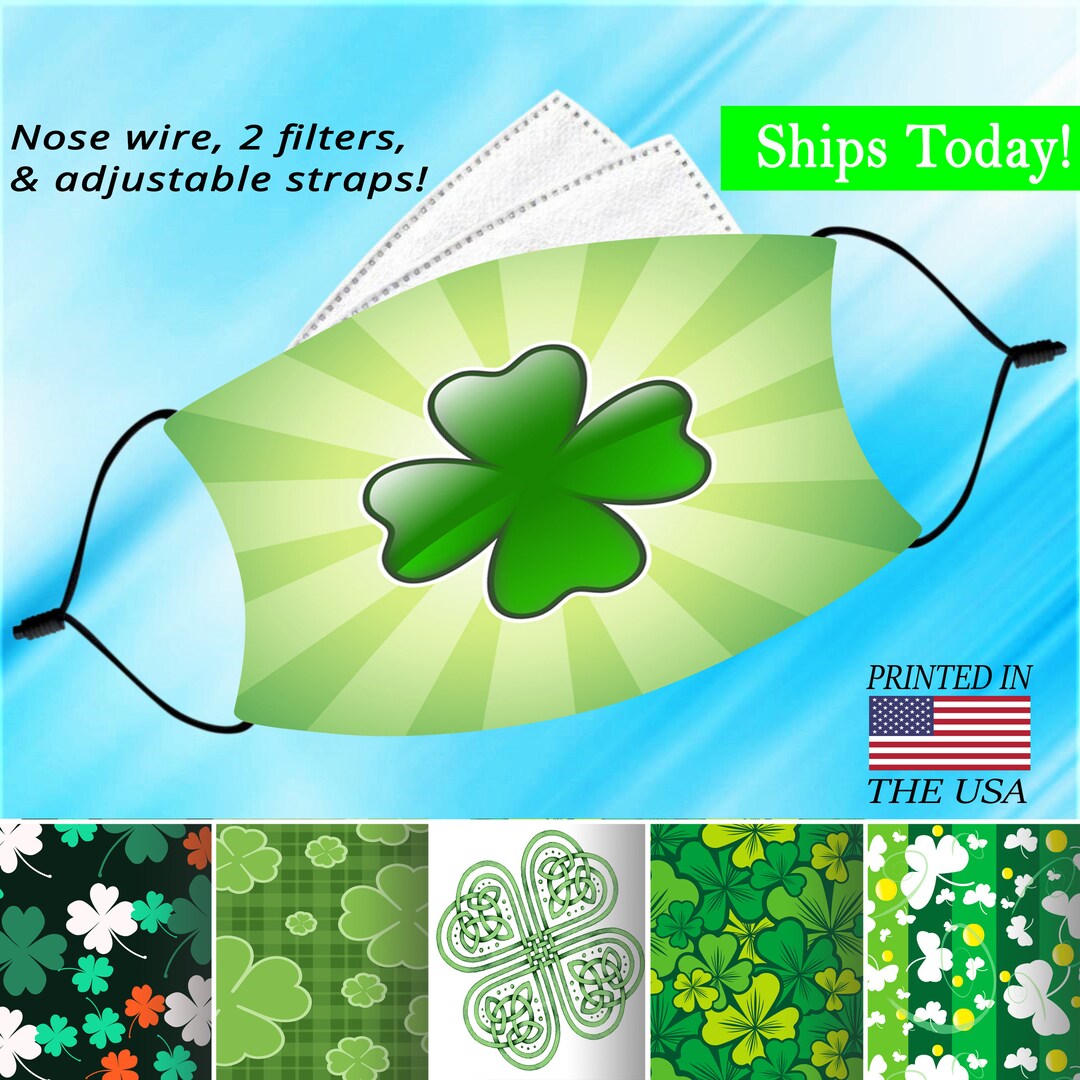 Shamrock, St. Patricks Day, Face Mask, Washable, Adjustable, Reusable ...