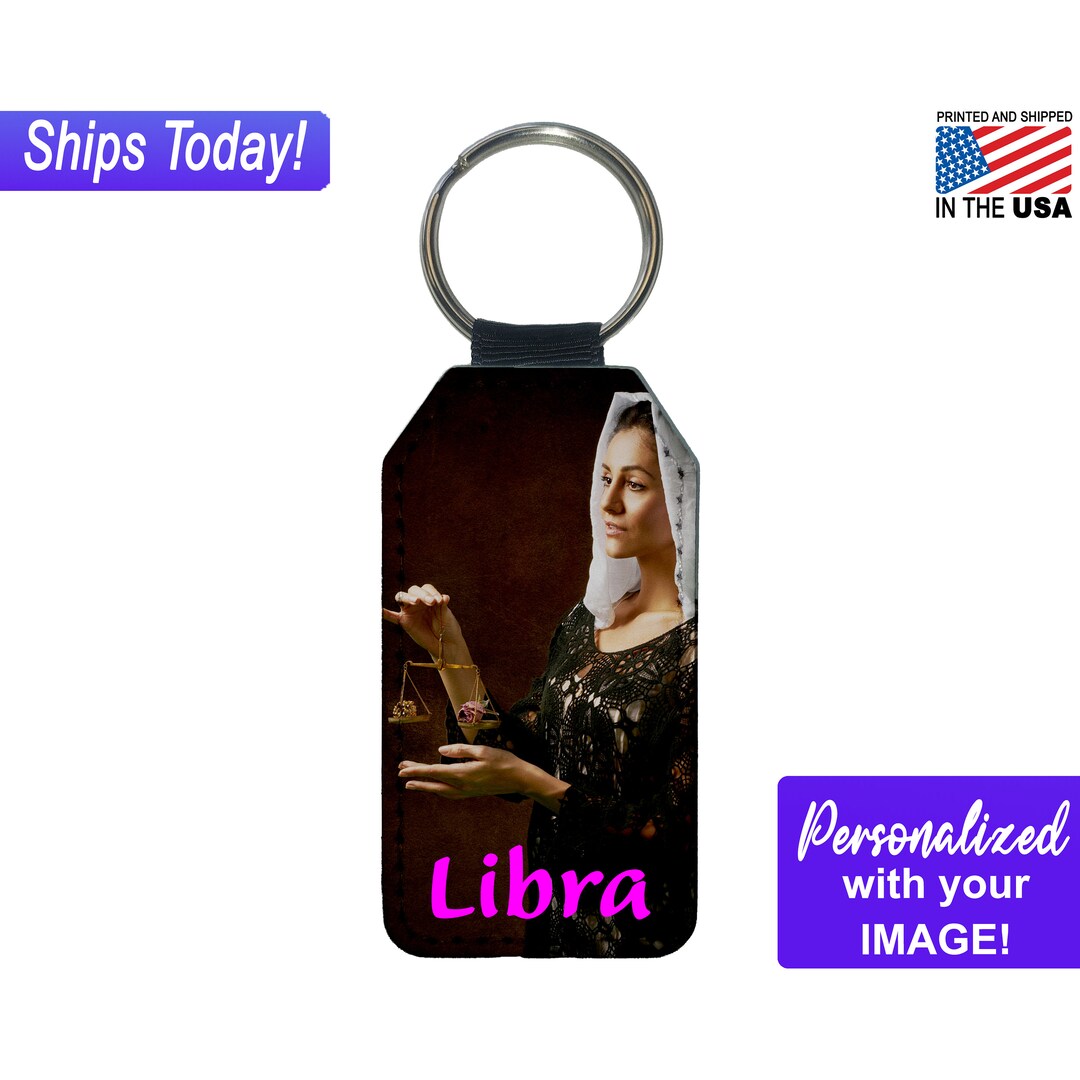 Libra, Zodiac, Personalized Photo Keychain, 2-piece PU Vegan Leather ...