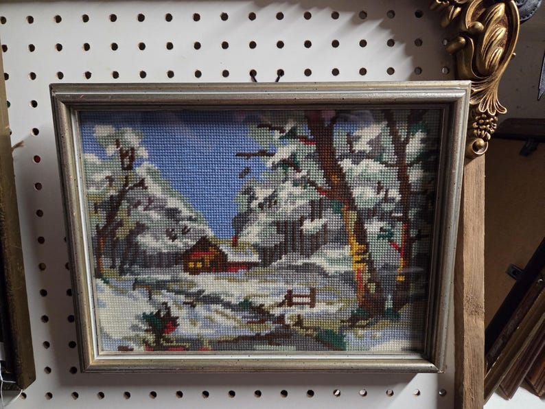 Vintage Winter Needlepoint Cabin Scene – Framed Snowy Landscape – Cozy ...