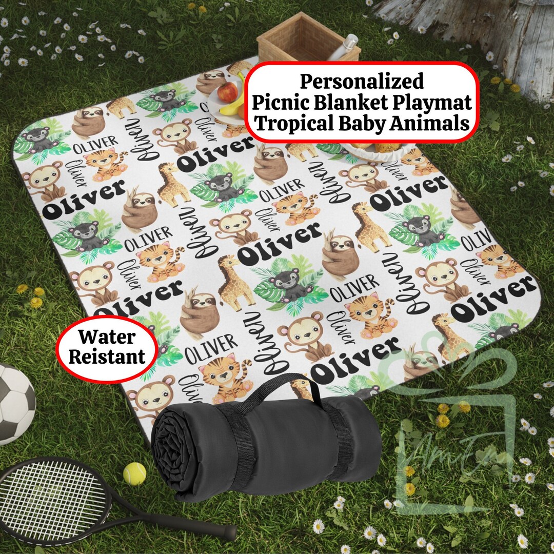 Personalized Tropical Baby Animal Picnic Playmat Blanket, Custom Name ...